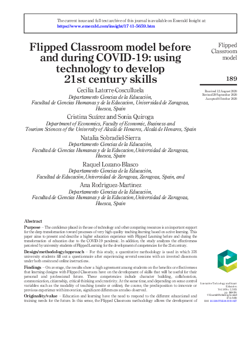 (PDF) Flipped Classroom model before and during COVID-19: using technology to develop 21st ...
