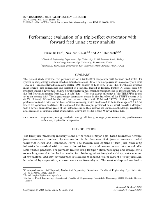 Pdf Performance Evaluation Of A Triple Effect Evaporator With Forward Feed Using Exergy