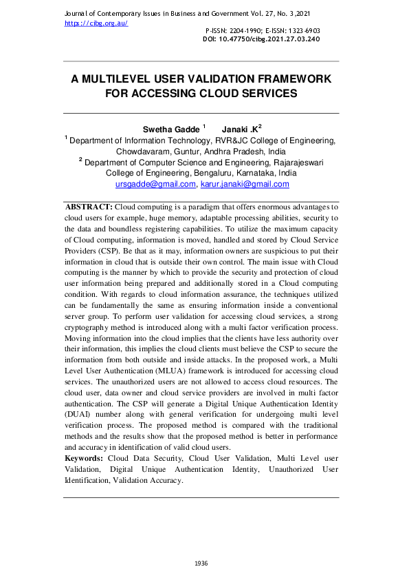 (PDF) A Multilevel User Validation Framework for Accessing Cloud Services