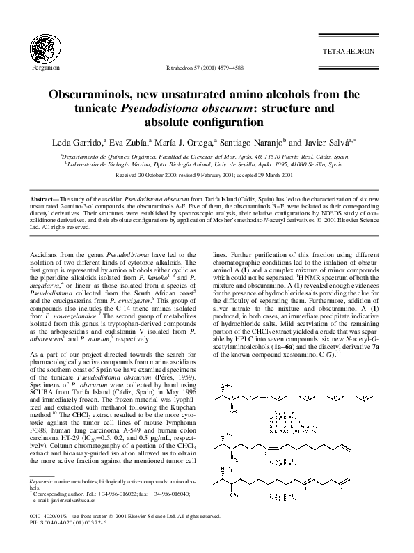 (PDF) Obscuraminols, new unsaturated amino alcohols from the tunicate ...