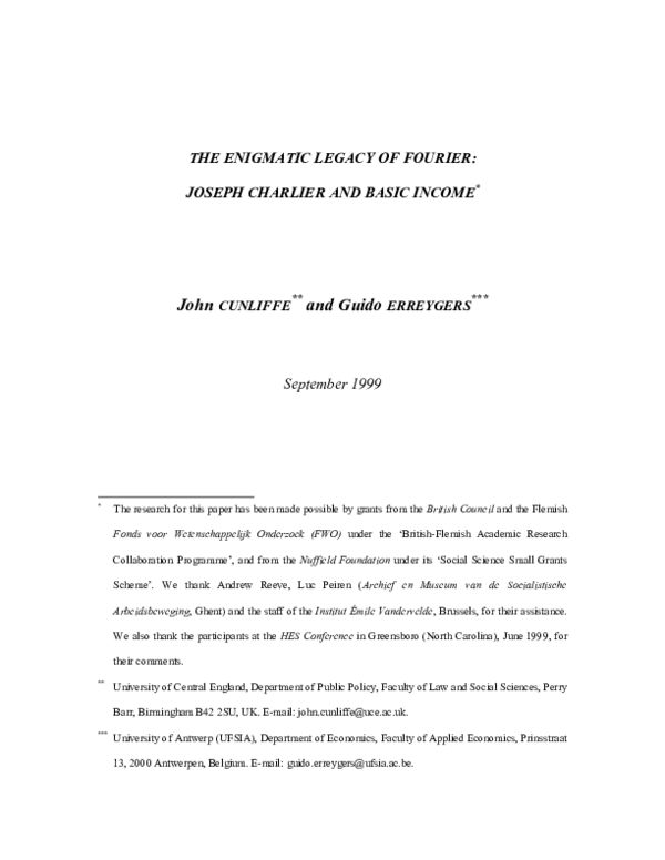 (PDF) The enigmatic legacy of Fourier: Joseph Charlier and basic income