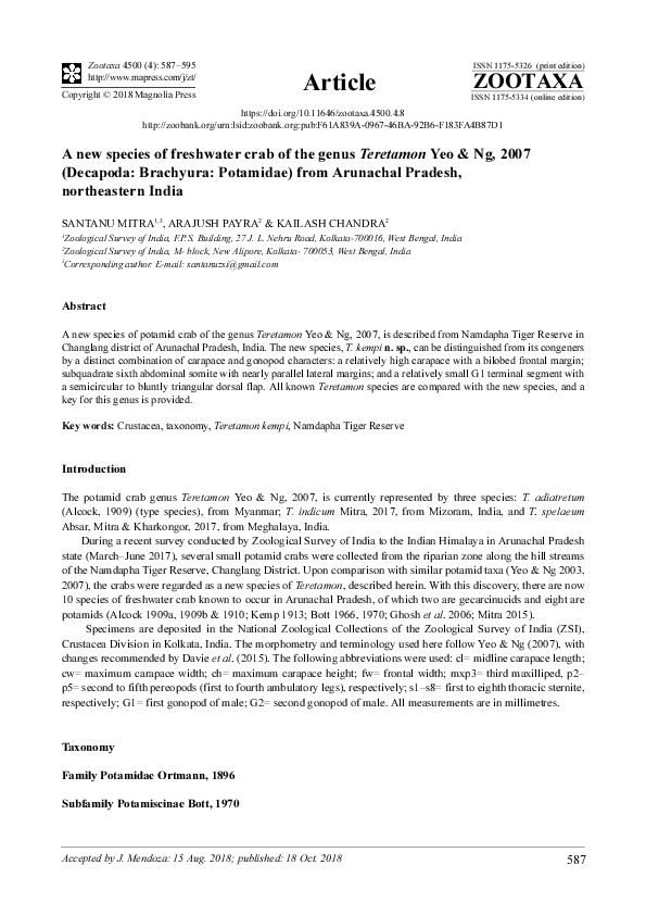(PDF) A new species of freshwater crab of the genus Teretamon Yeo Ng ...