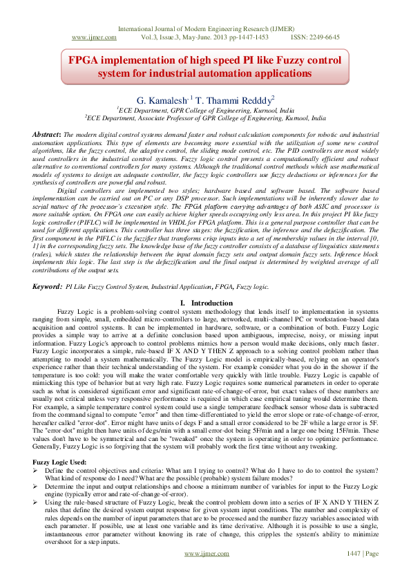 Pdf Fpga Implementation Of High Speed Pi Like Fuzzy Control System