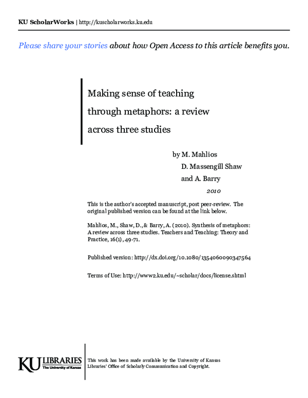 (PDF) Making sense of teaching through metaphors: a review across three ...