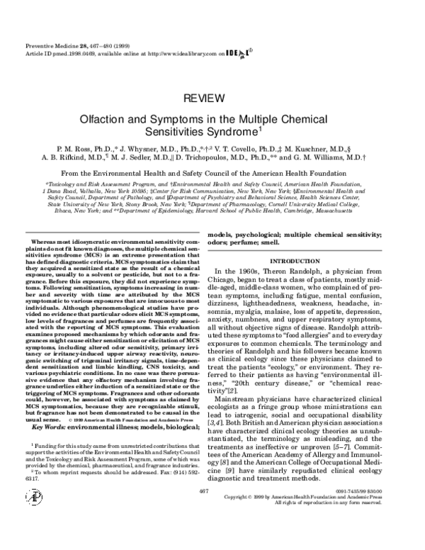 (PDF) Olfaction and Symptoms in the Multiple Chemical Sensitivities ...