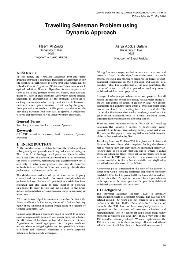 Pdf Travelling Salesman Problem Using Dynamic Approach Reem Alzoubi