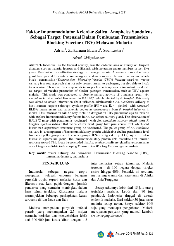 (PDF) Faktor Imunomodulator Kelenjar Saliva Anopheles Sundaicus Sebagai ...