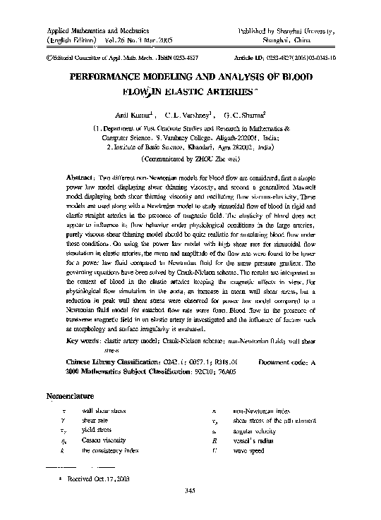 (PDF) Performance modeling and analysis of blood flow in elastic arteries