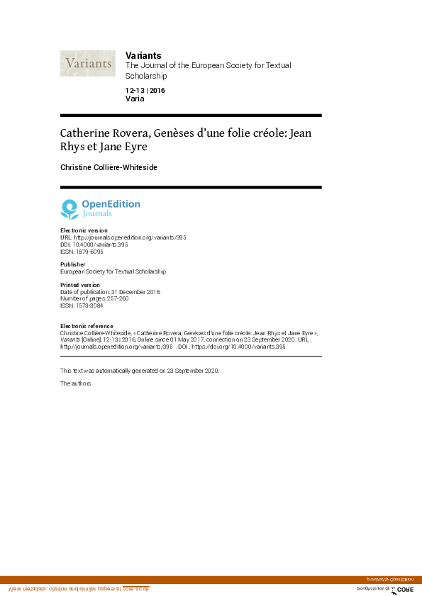 (PDF) Catherine Rovera, Genèses d’une folie créole : Jean Rhys et Jane Eyre