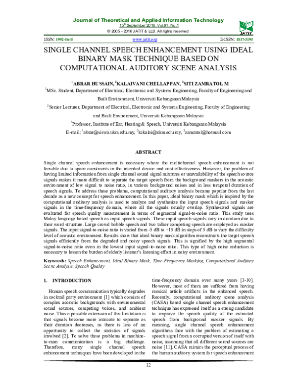 (PDF) Single channel speech enhancement using ideal binary mask technique based on computational ...