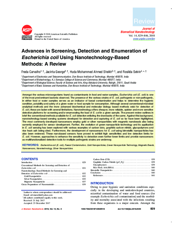 Advances In Screening Detection And Enumeration Of Escherichia Coli