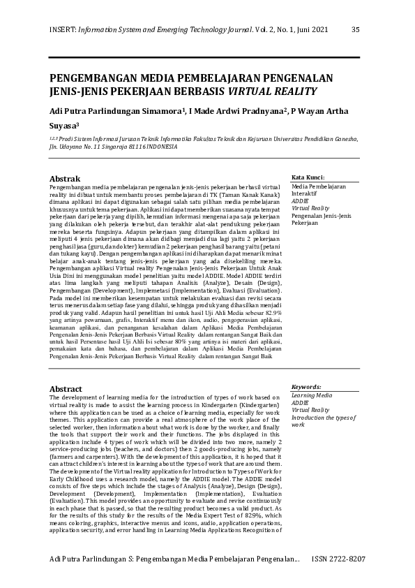 (PDF) Pengembangan Media Pembelajaran Pengenalan Jenis-Jenis Pekerjaan Berbasis Virtual Reality