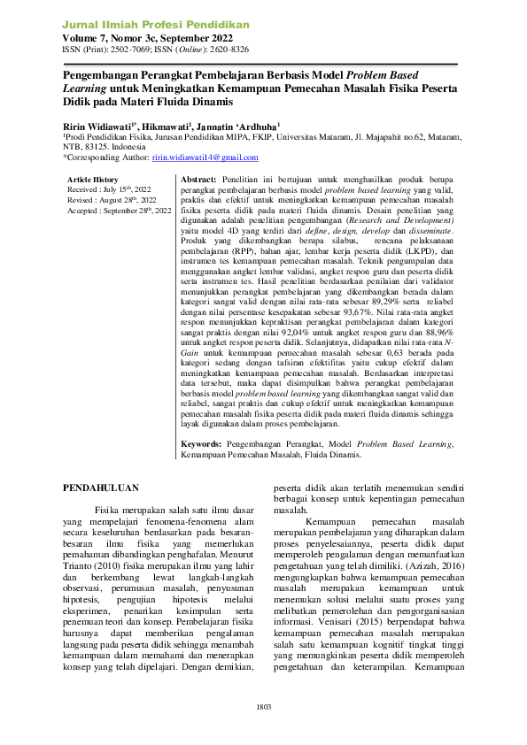 (PDF) Pengembangan Perangkat Pembelajaran Berbasis Model Problem Based Learning untuk ...