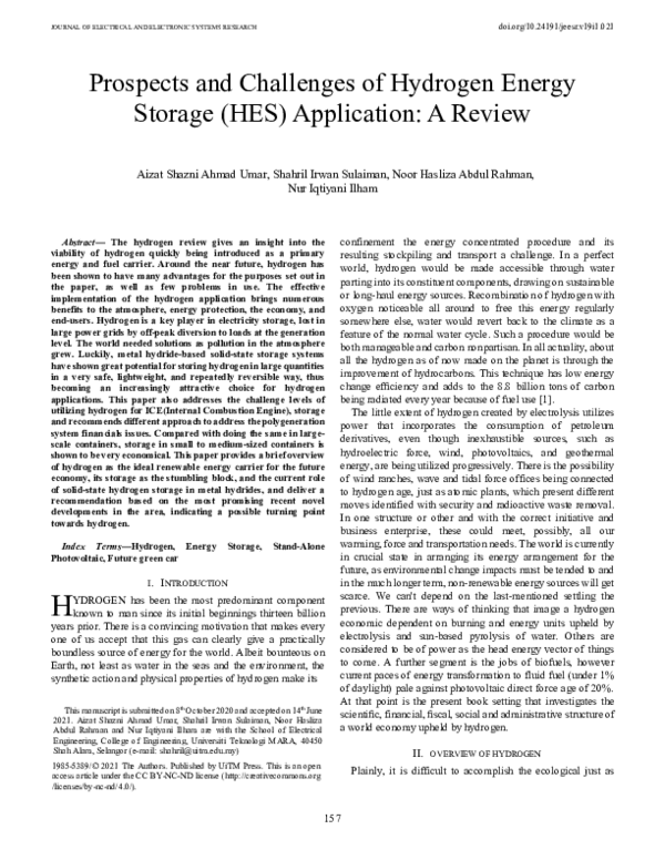 (PDF) Prospects and Challenges of Hydrogen Energy Storage (HES) Application: A Review