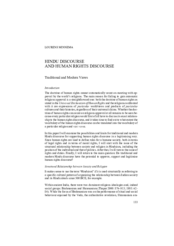 (PDF) Hindu Discourse and Human Rights Discourse | Lourens Minnema ...