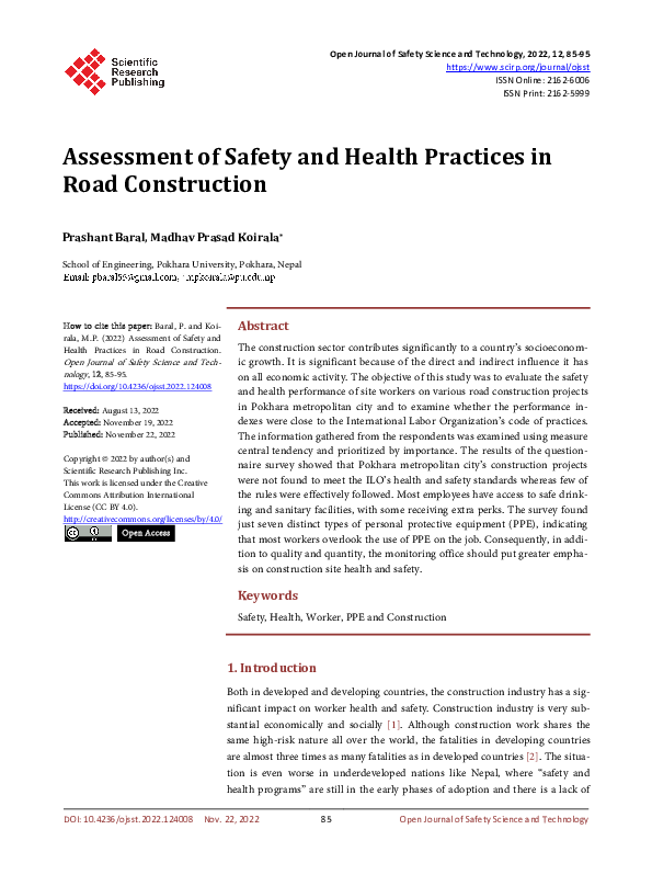 (PDF) Assessment of Safety and Health Practices in Road Construction