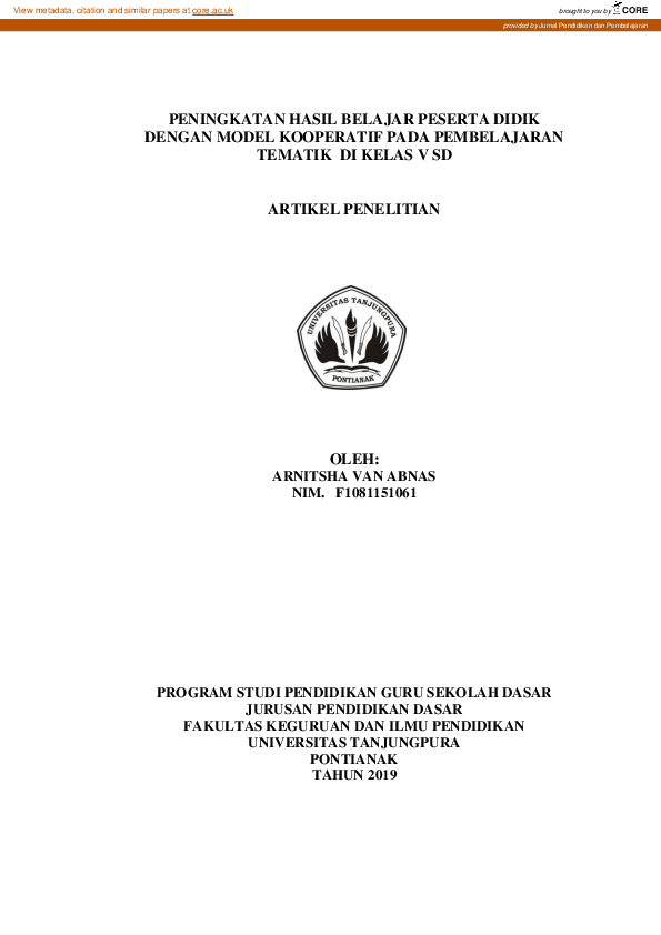 (PDF) Peningkatan Hasil Belajar Peserta Didik Dengan Model Kooperatif Pada Pembelajaran Tematik ...