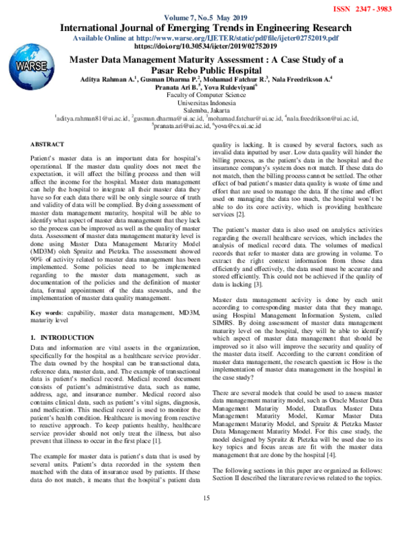 (PDF) Master Data Management Maturity Assessment : A Case Study of a Pasar Rebo Public Hospital