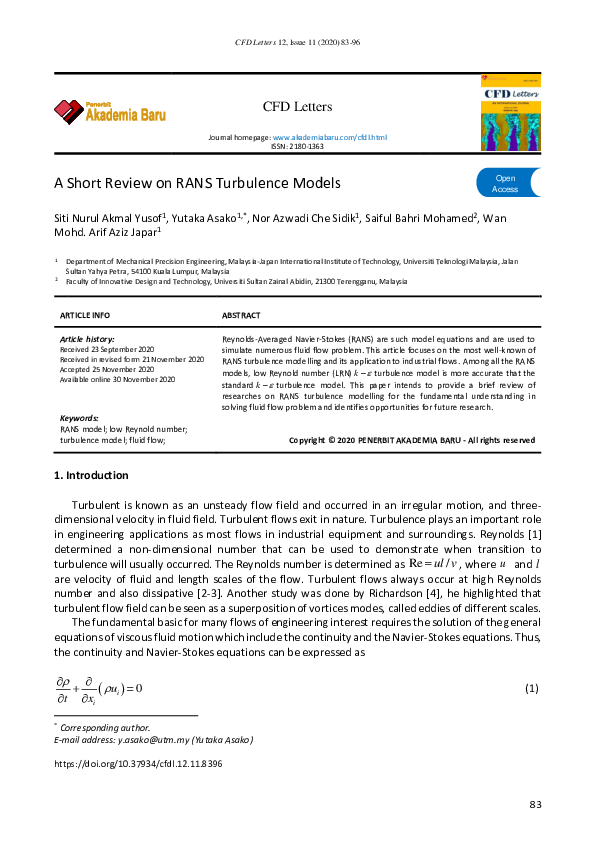 (PDF) A Short Review on RANS Turbulence Models