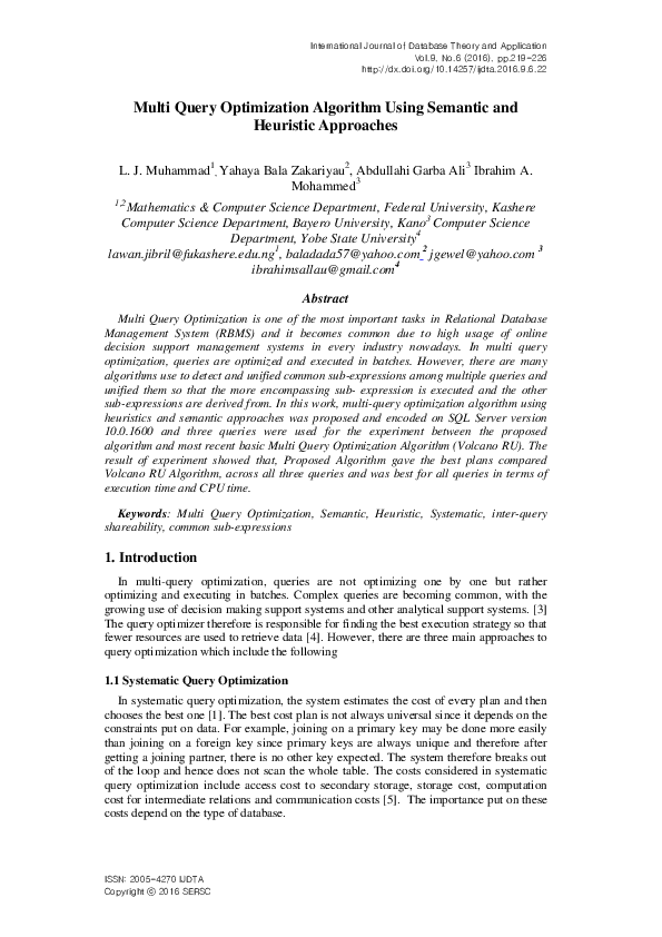 Pdf Multi Query Optimization Algorithm Using Semantic And Heuristic Approaches Yahaya Bala