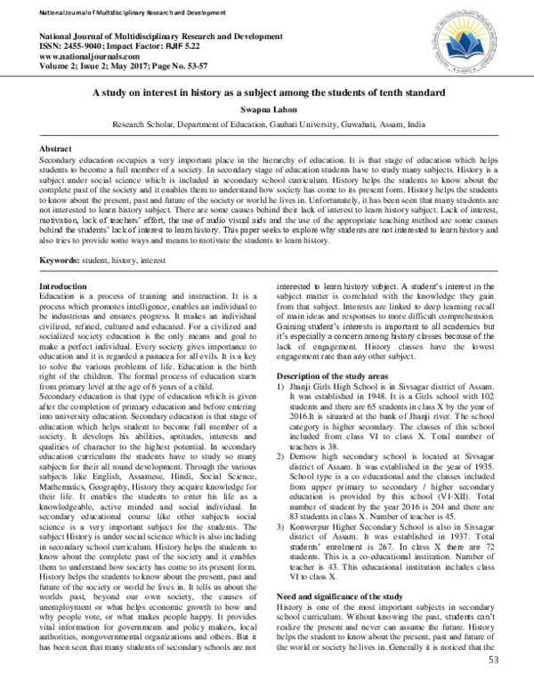 (PDF) A study on interest in history as a subject among the students of ...