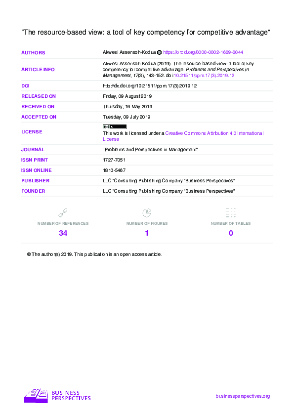 (PDF) The resource-based view: a tool of key competency for competitive ...