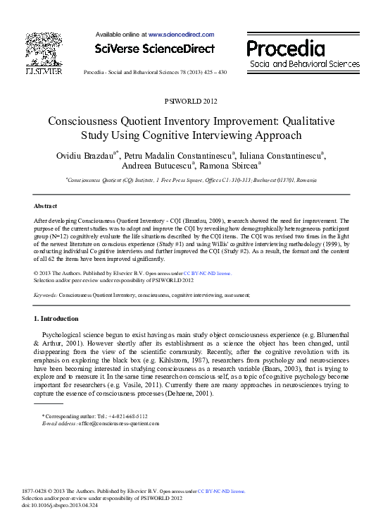 (PDF) Consciousness Quotient Inventory Improvement: Qualitative Study Using Cognitive ...