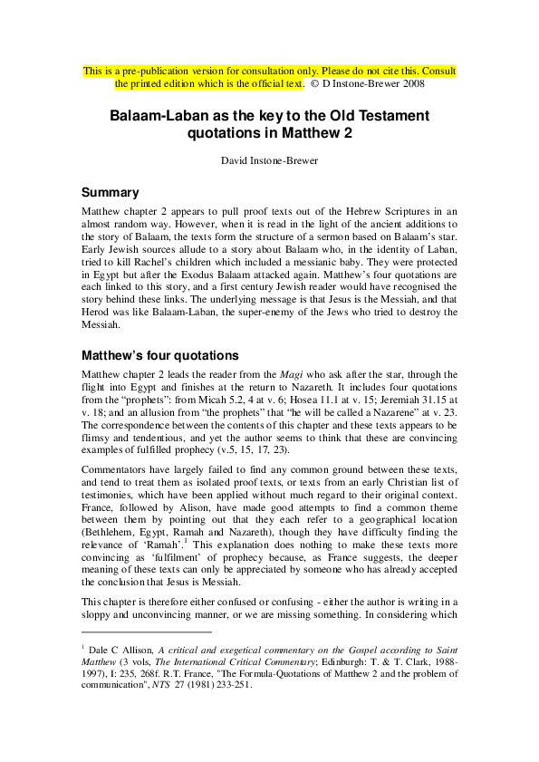 (PDF) Balaam-Laban as the key to the Old Testament quotations in Matthew 2