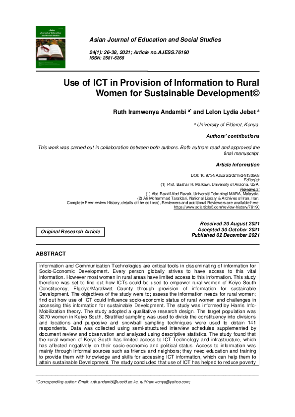 (PDF) Use of ICT in Provision of Information to Rural Women for ...