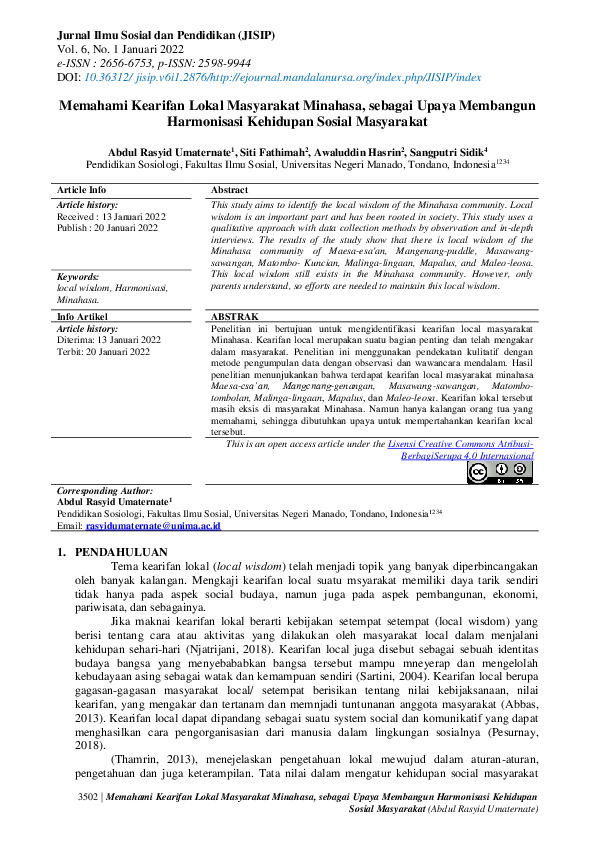 (PDF) Memahami Kearifan Lokal Masyarakat Minahasa, sebagai Upaya Membangun Harmonisasi Kehidupan ...