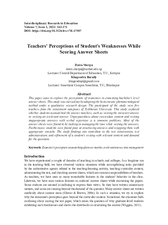 (PDF) Teachers' Perceptions of Student's Weaknesses While Scoring Answer Sheets