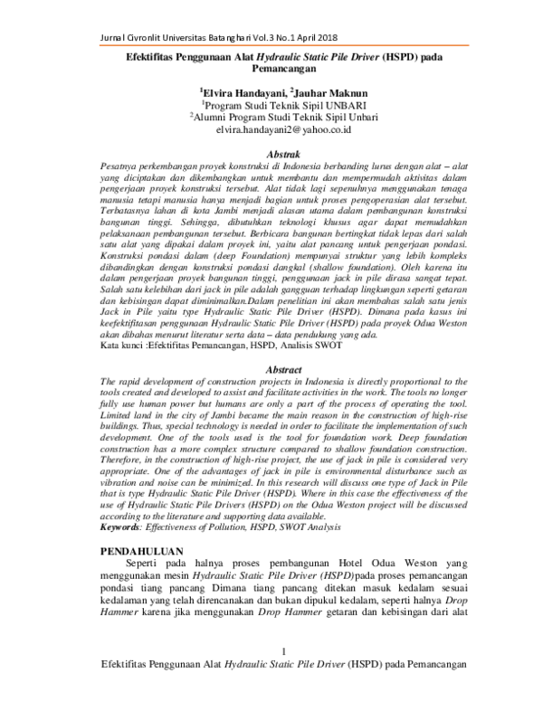 (PDF) Efektifitas Penggunaan Alat Hydraulic Static Pile Driver (HSPD) pada Pemancangan | jauhar ...