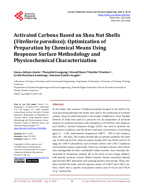 (PDF) Activated Carbons Based on Shea Nut Shells ( Vitellaria paradoxa ...