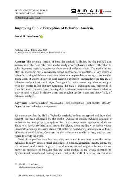 (PDF) Improving Public Perception of Behavior Analysis