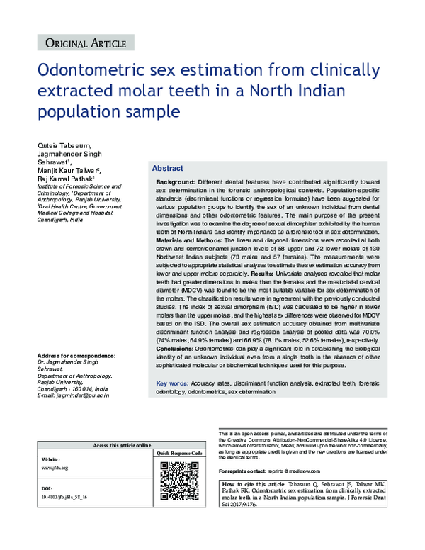 Pdf Odontometric Sex Estimation From Clinically Extracted Molar Teeth