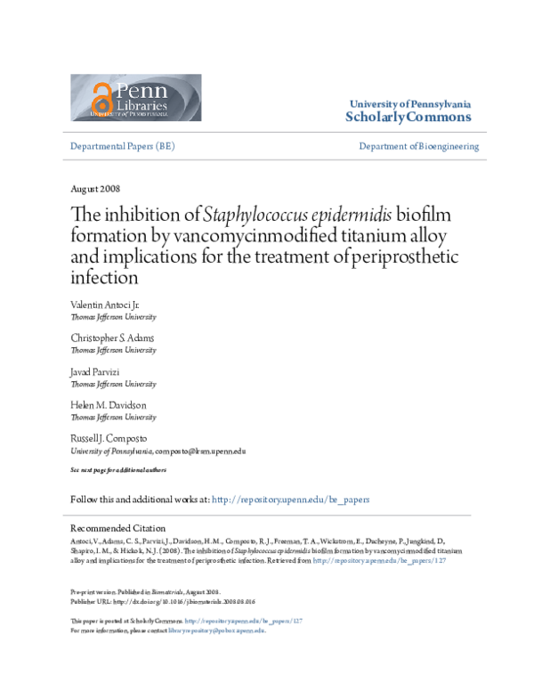 (PDF) The inhibition of Staphylococcus epidermidis biofilm formation by ...