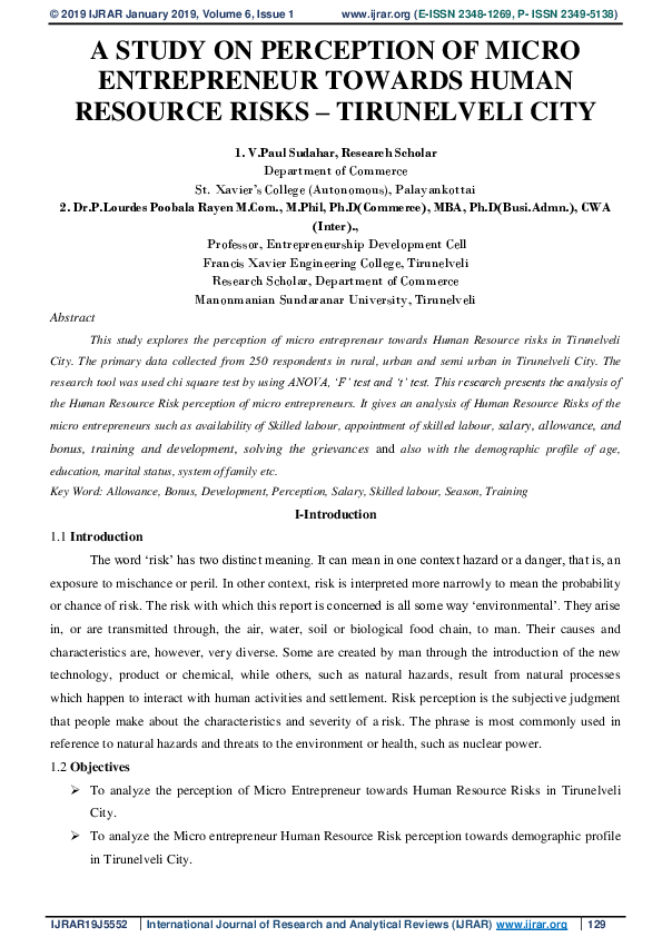 (PDF) A STUDY ON PERCEPTION OF MICRO ENTREPRENEUR TOWARDS HUMAN RESOURCE RISKS -TIRUNELVELI CITY