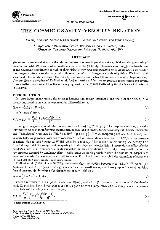 (PDF) The cosmic gravity-velocity relation