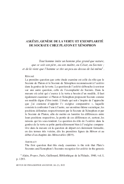 (PDF) Askêsis, genèse de la vertu et exemplarité de Socrate chez Platon ...