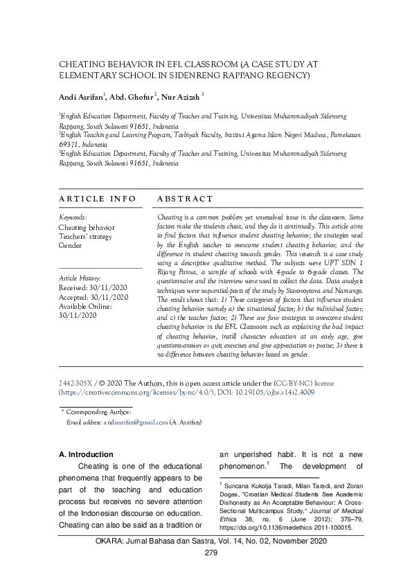 (PDF) Cheating Behavior in EFL Classroom (A Case Study at Elementary ...