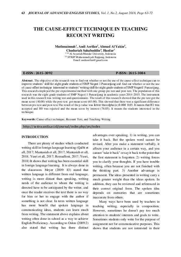 (PDF) The Cause-Effect Technique in Teaching Recount Writing