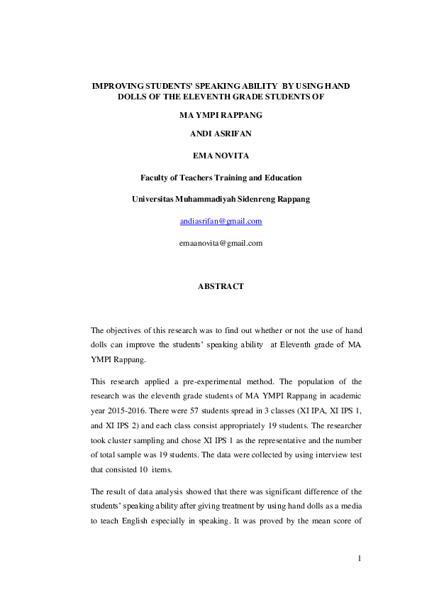 (PDF) Improving Students’ Speaking Ability by Using Hand Dolls of the ...