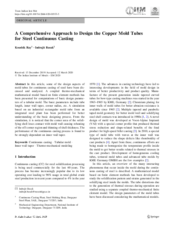 (PDF) A Comprehensive Approach to Design the Copper Mold Tubes for Steel Continuous Casting
