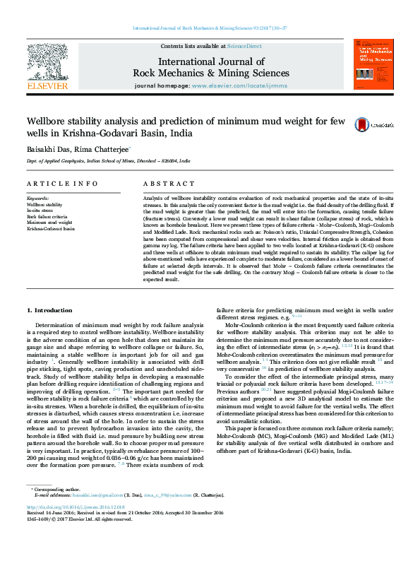 (PDF) Wellbore stability analysis and prediction of minimum mud weight for few wells in Krishna ...