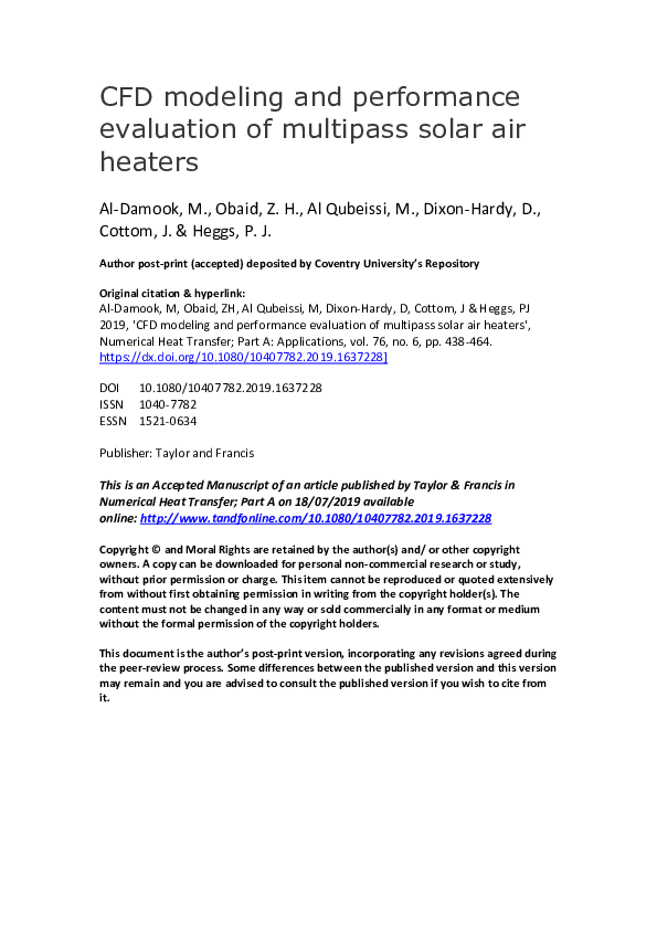 (PDF) CFD modeling and performance evaluation of multipass solar air heaters