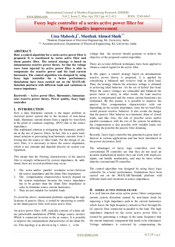 (PDF) Fuzzy logic controller of a series active power filter for Power Quality improvement