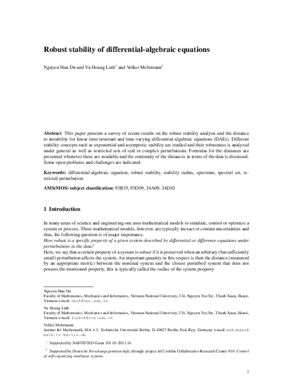 (PDF) Robust Stability of Differential-Algebraic Equations