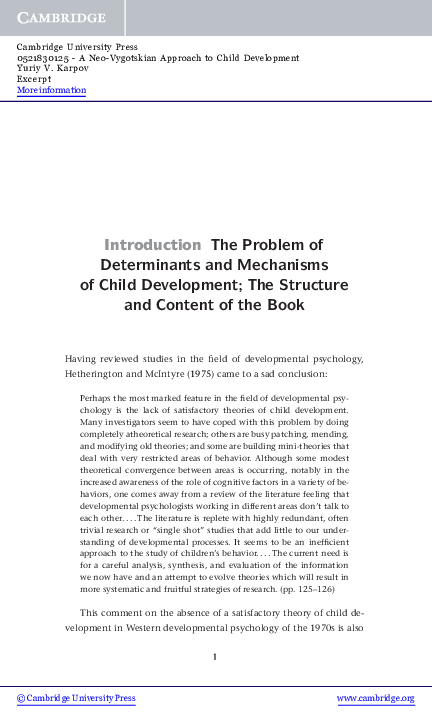 (PDF) Introduction: The Problem of Determinants and Mechanisms of Child Development; The ...
