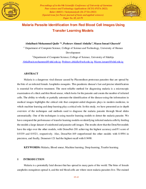 (PDF) Malaria Parasite Identification from Red Blood Cell Images Using Transfer Learning Models
