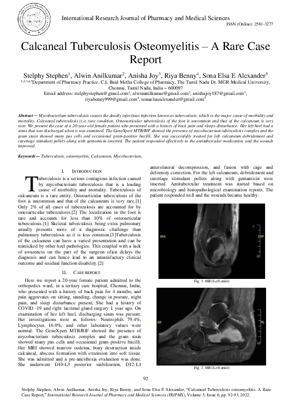 Pdf Calcaneal Tuberculosis Osteomyelitis A Rare Case Report Alwin Anilkumar